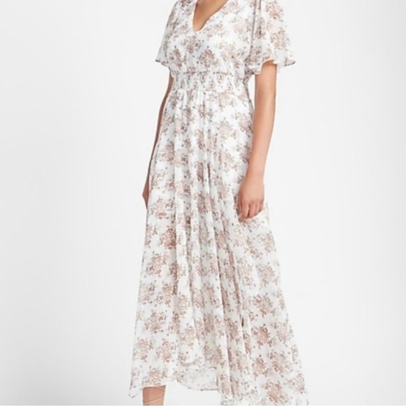 Express | Dresses | Express Metallic Floral Flutter Sleeve Midi Dress ...